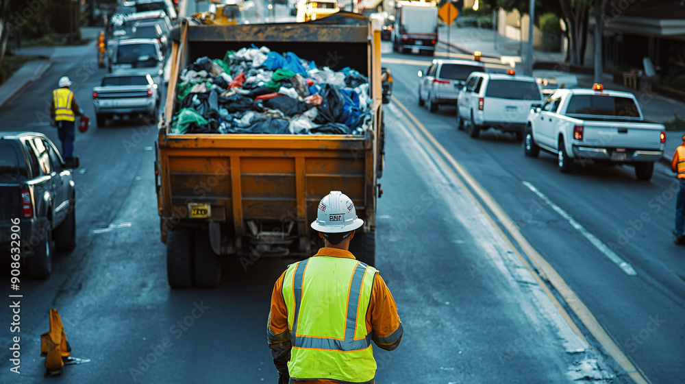 Photography of a garbage collector directing traffic around a ...