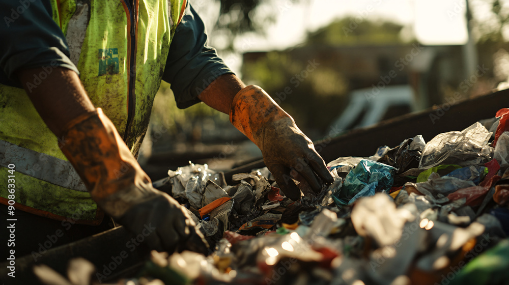 Photography of a garbage collector wearing a safety vest and gloves ...
