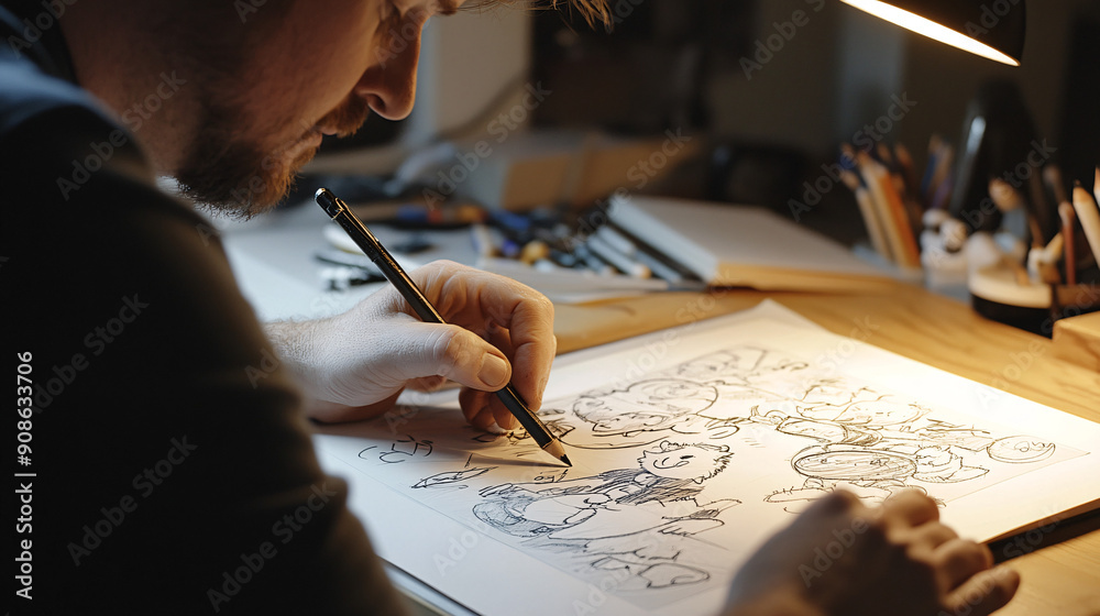 Photography of a cartoon writer sketching characters at a drawing desk ...