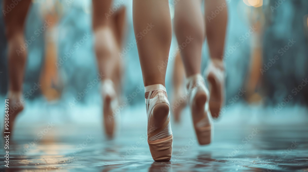 Ballet background, young ballerinas training. Female dancers legs in ...