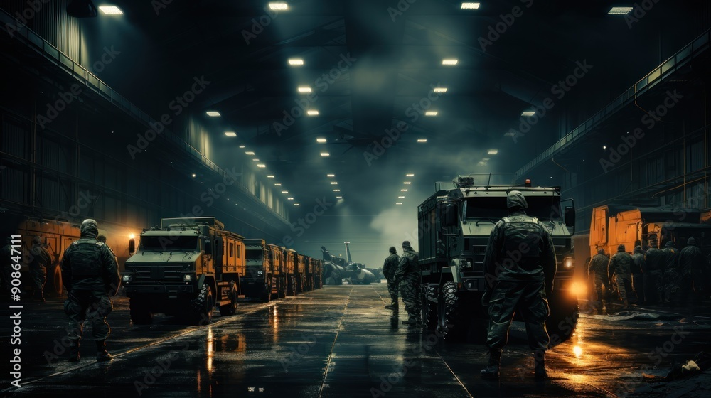 Hangar. Military air base. Loading works. Military supply system for ...