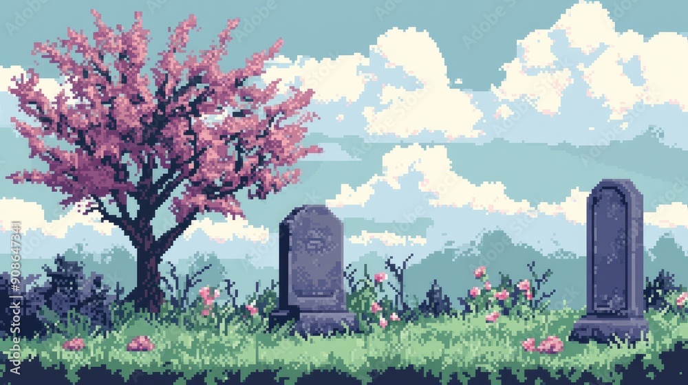 8-bit pixel art of a cute pastel goth graveyard with a tree, tombstone ...