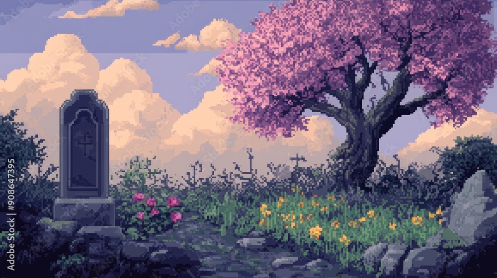 8-bit pixel art of a cute pastel goth graveyard with a tree, tombstone ...