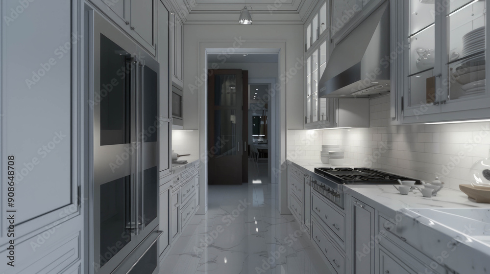 modern galley kitchen with a butlers pantry, shaker cabinets and white ...