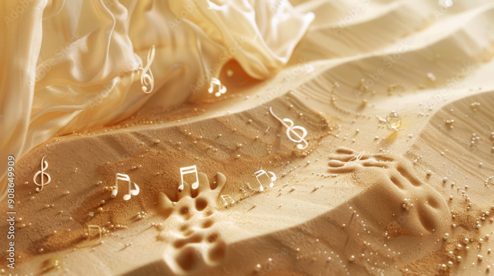 foot prints in sand with music notes following with a background of a ...
