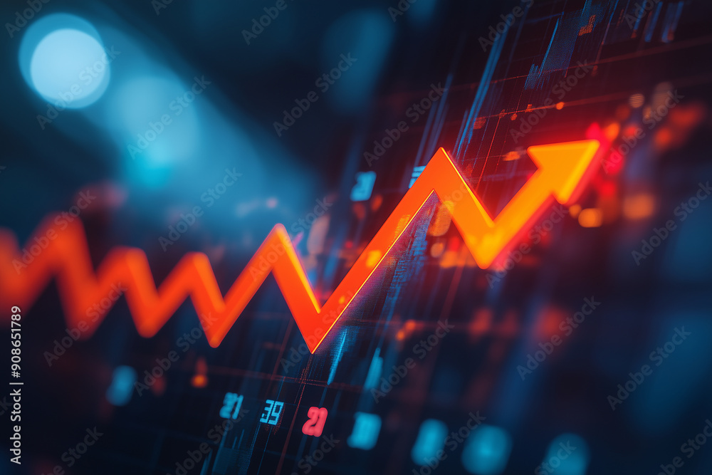 With business graphs showcasing a red arrow rising, the notable uptick ...