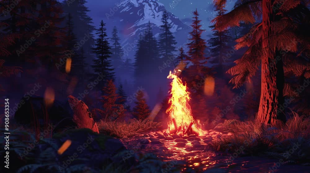 Bonfire in a mystical fantasy forest at night, creating a magical and ...