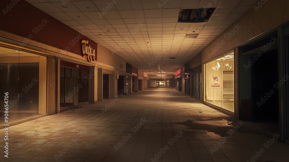Deserted shopping mall with a shuttered store wall, dim ambient ...
