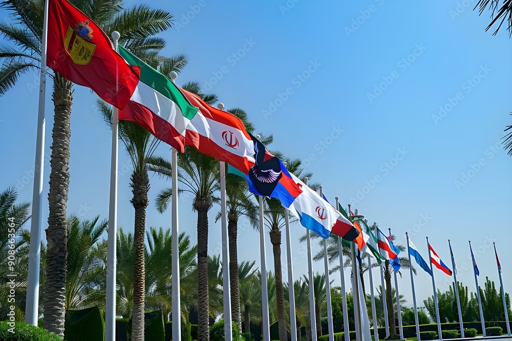 Many world flags flying in a row outside of expo center waving on blue ...