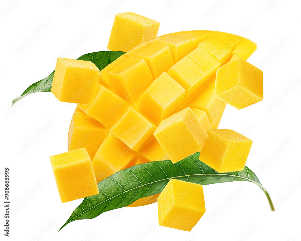 Falling Mango cubes isolated on white background, full depth of field ...