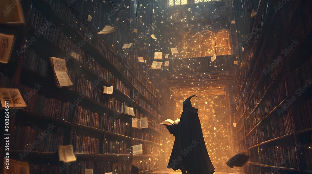 An ancient wizard conjuring spells in a mystical library filled with ...