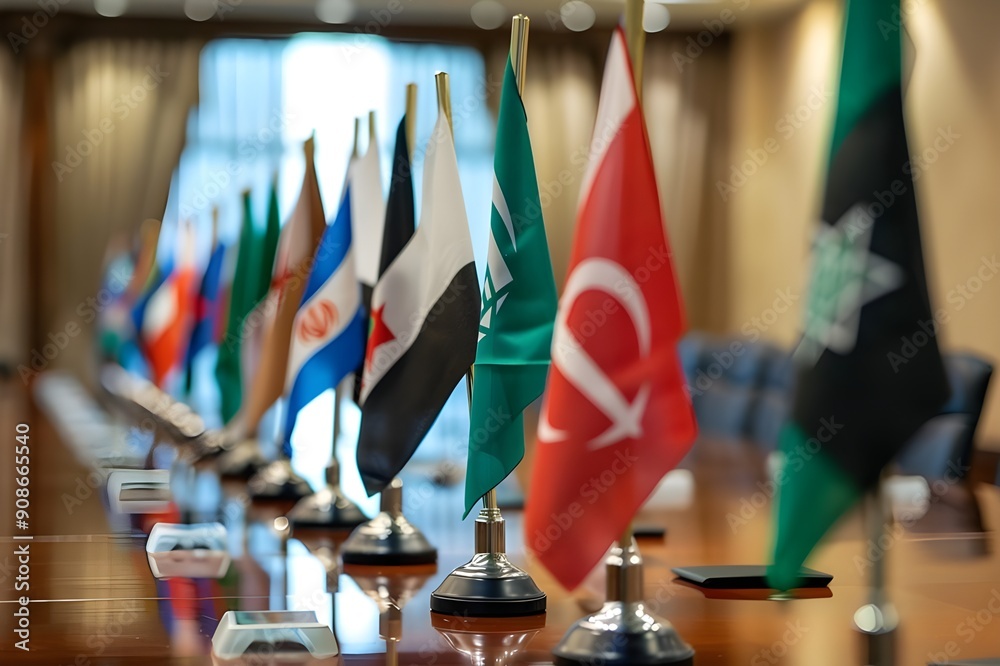 Many world flags flying in a row outside of expo center waving on blue ...