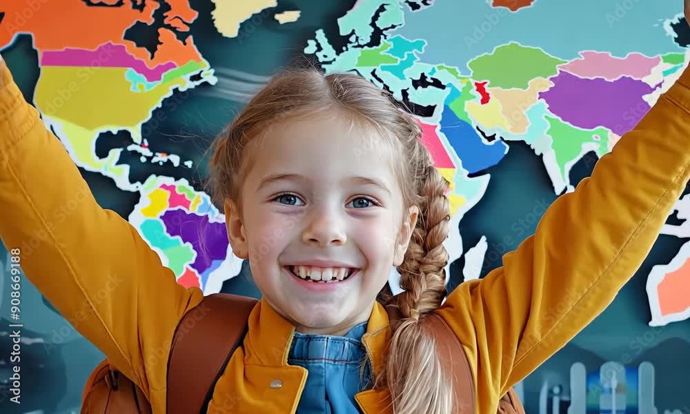 Happy girl throwing backpack in the classroom, Smiling girl in a ...