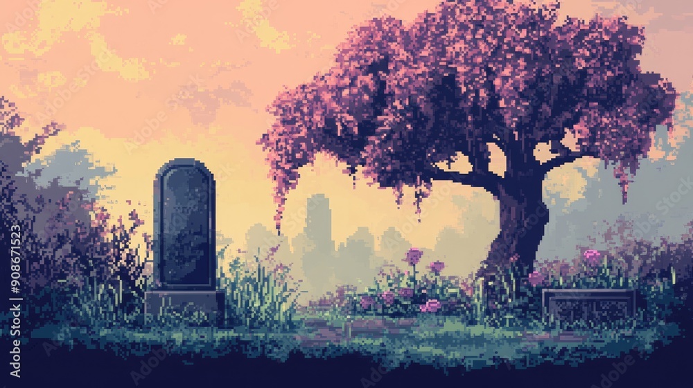 Cute pastel goth graveyard in 8-bit pixel art, with a tree, tombstone ...
