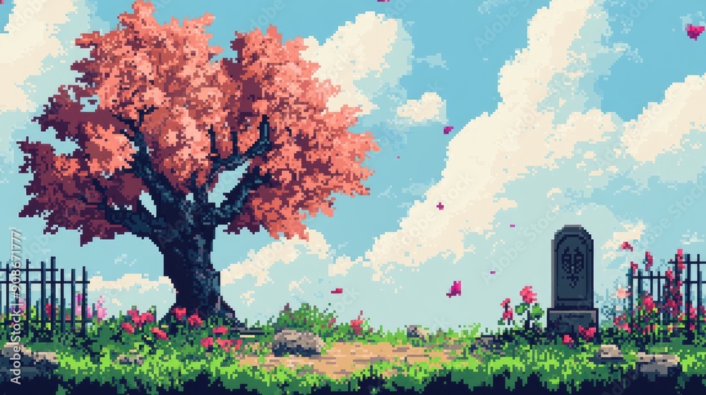Cute pastel goth graveyard in 8-bit pixel art, with a tree, tombstone ...