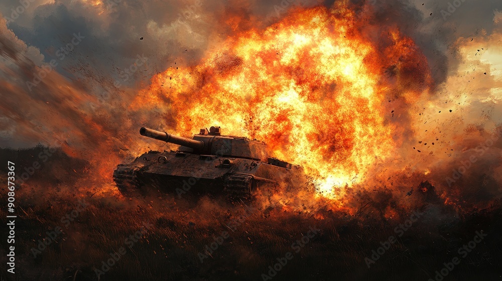 Exploded tank on fire, showing the aftermath of a mine detonation on ...