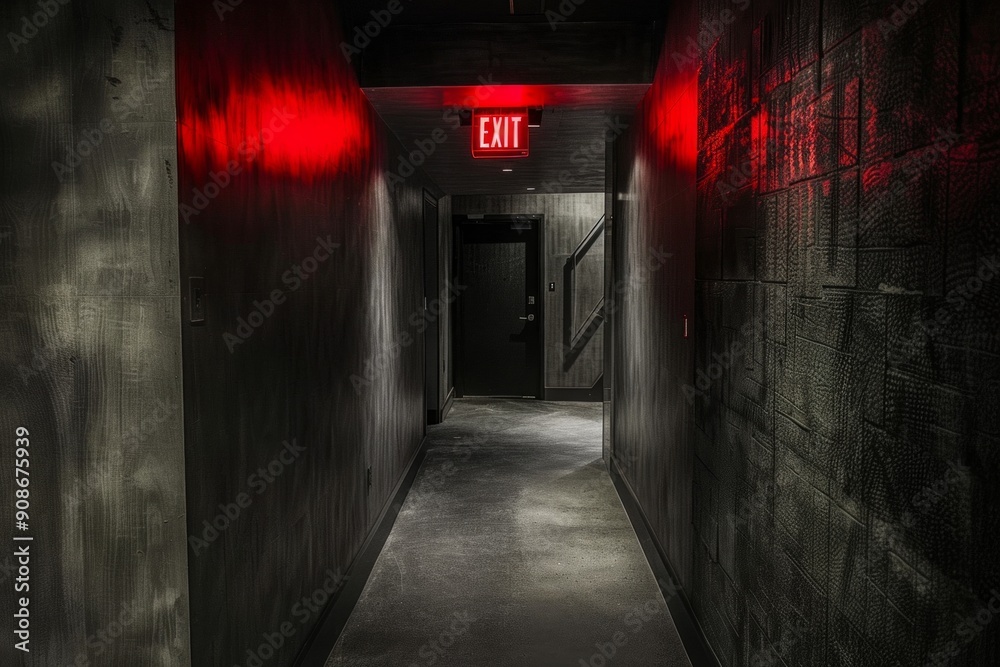Charcoal Gray Corridor with Red Emergency Exit Sign. A dimly lit ...