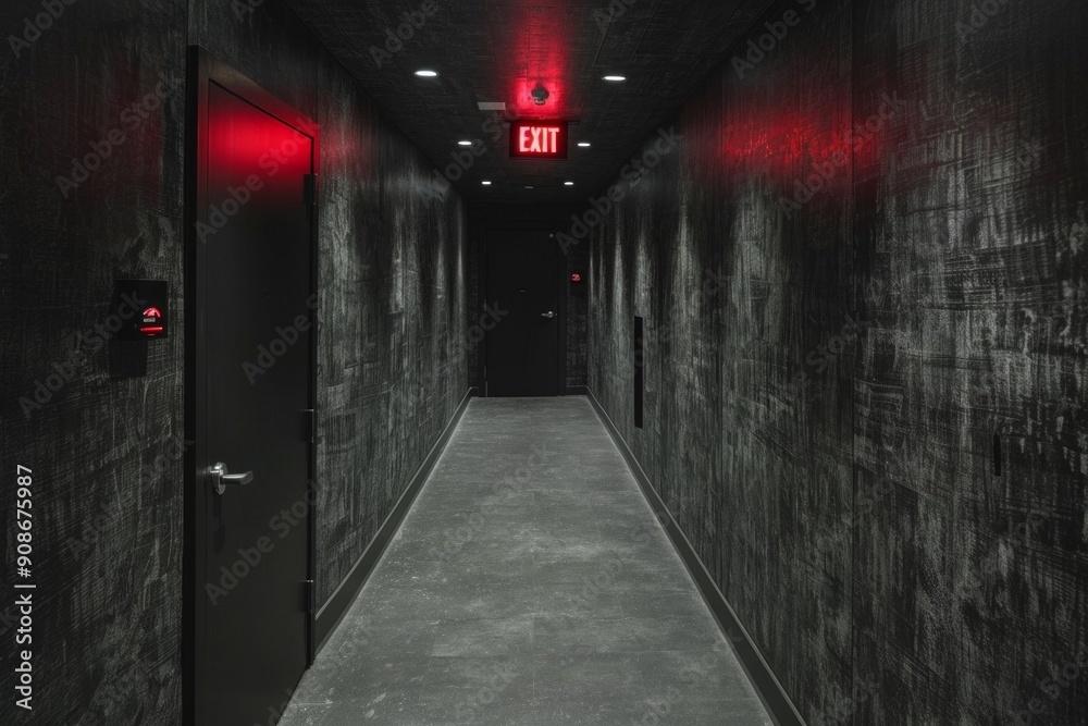 Charcoal Gray Corridor with Red Emergency Exit Sign. A dimly lit ...