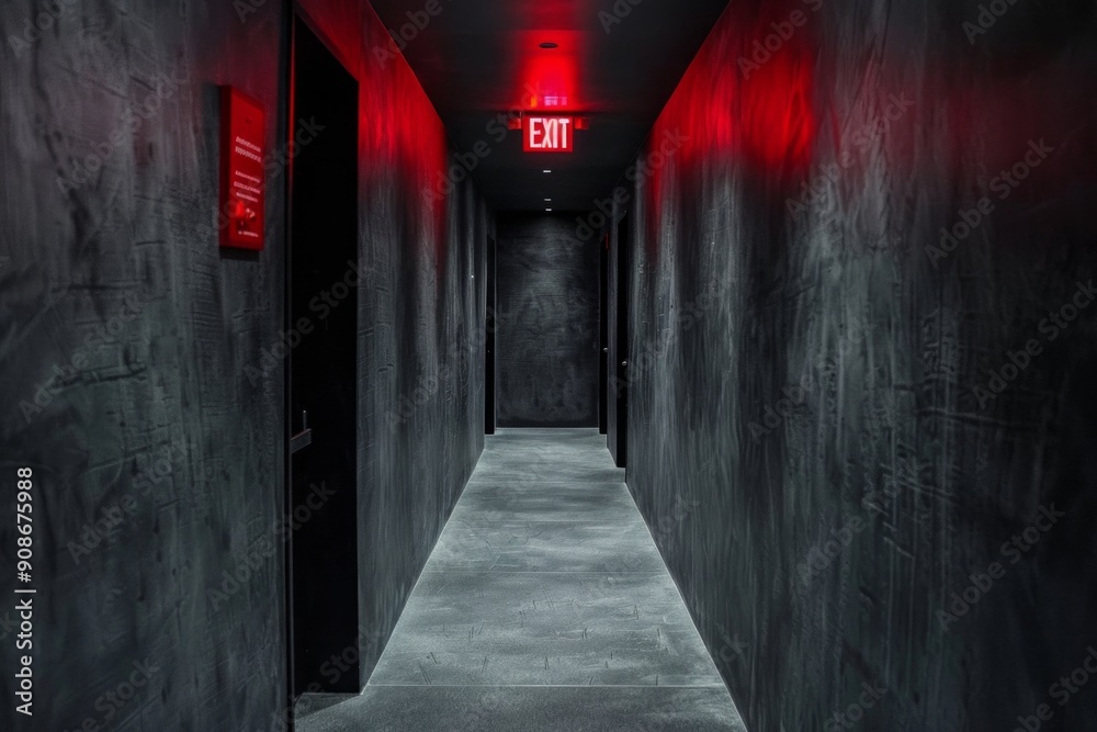 Charcoal Gray Corridor with Red Emergency Exit Sign. A dimly lit ...