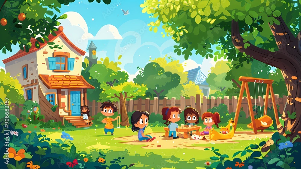 Cartoon illustration of kids playing in a backyard with a house, trees ...