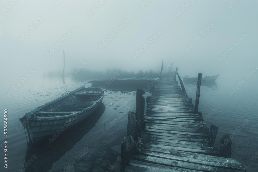 Foggy Docks. An old, mist-covered dock with creaking wooden planks ...
