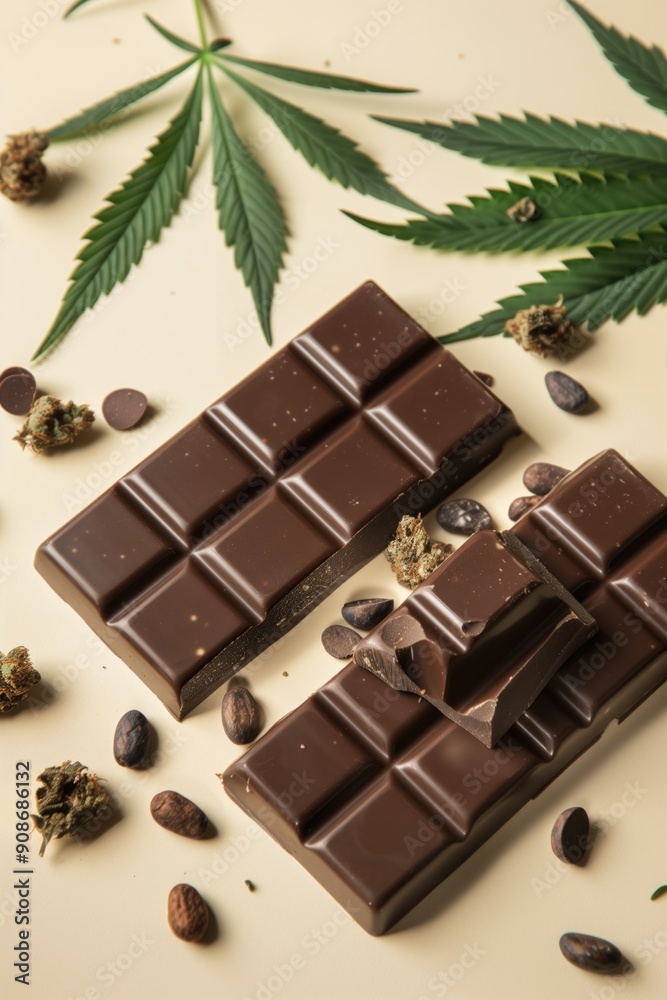 Dark chocolate bars and cannabis leaves on a light background ...