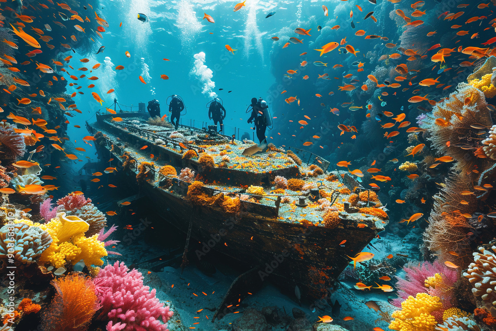 Professional diving with sunken ancient ship, scuba diver archaeologist ...