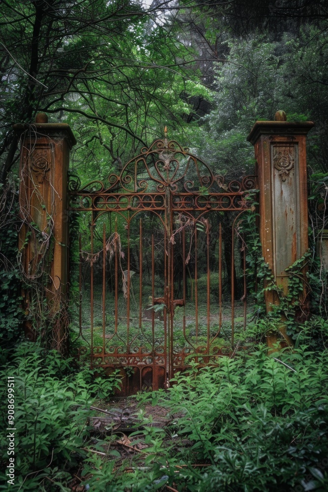 Old Cemetery Gates: The entrance to an old cemetery with rusted iron ...