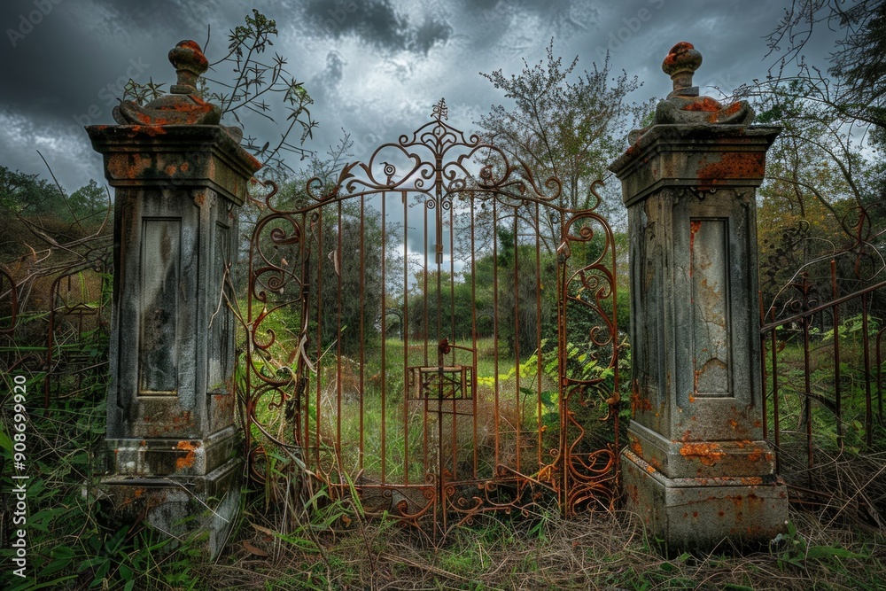 Old Cemetery Gates: The entrance to an old cemetery with rusted iron ...