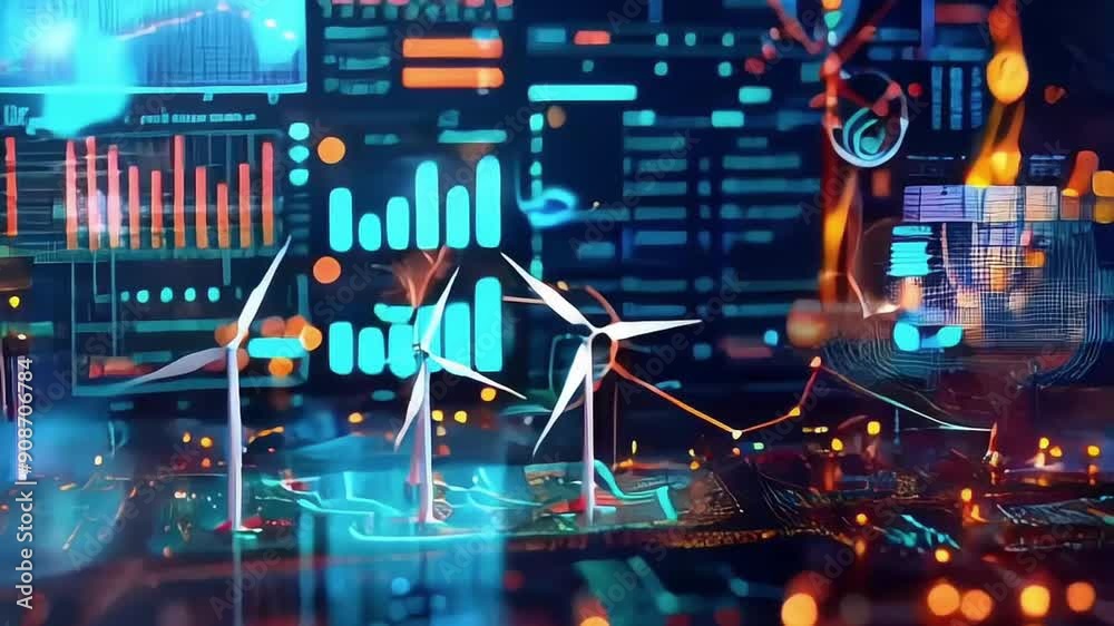 Futuristic wind turbines displayed on a digital dashboard, showcasing ...