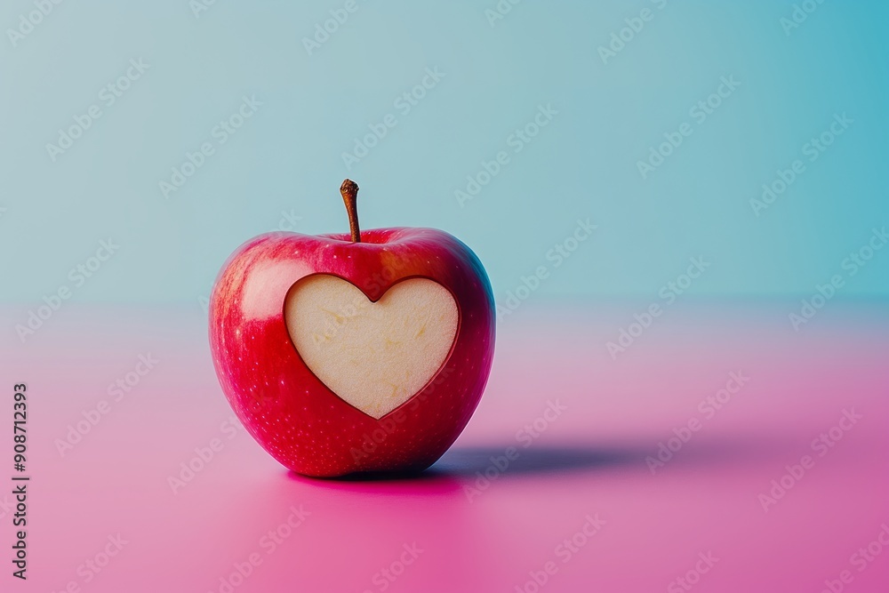 An apple with a heart-shaped cutout on a solid colored background in ...
