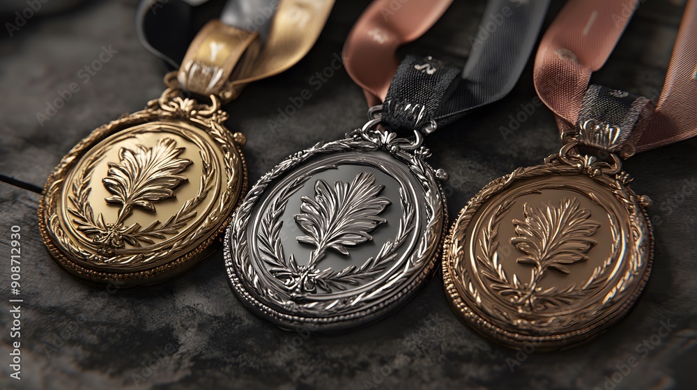 3D of a gold, silver, and bronze medal, ornate borders, ribbon patterns ...