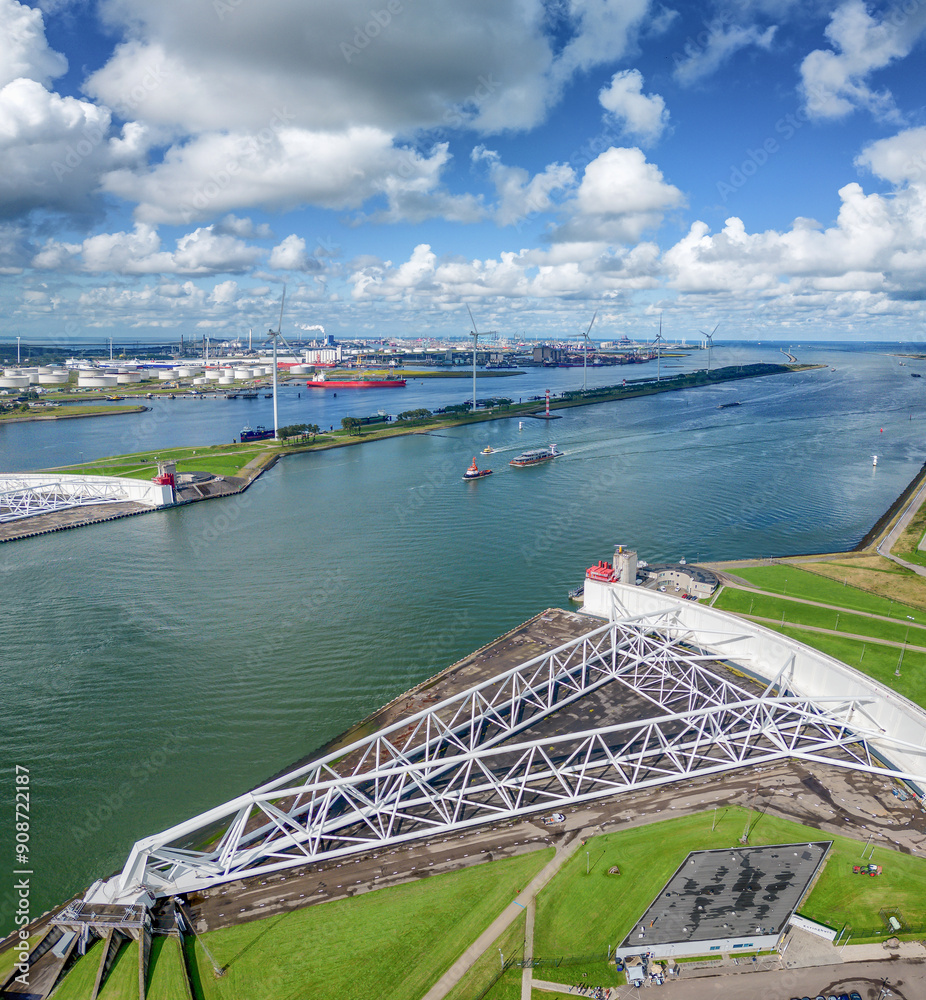 Aerial view of the Maeslant Barrier/Maeslant kering at the port of ...