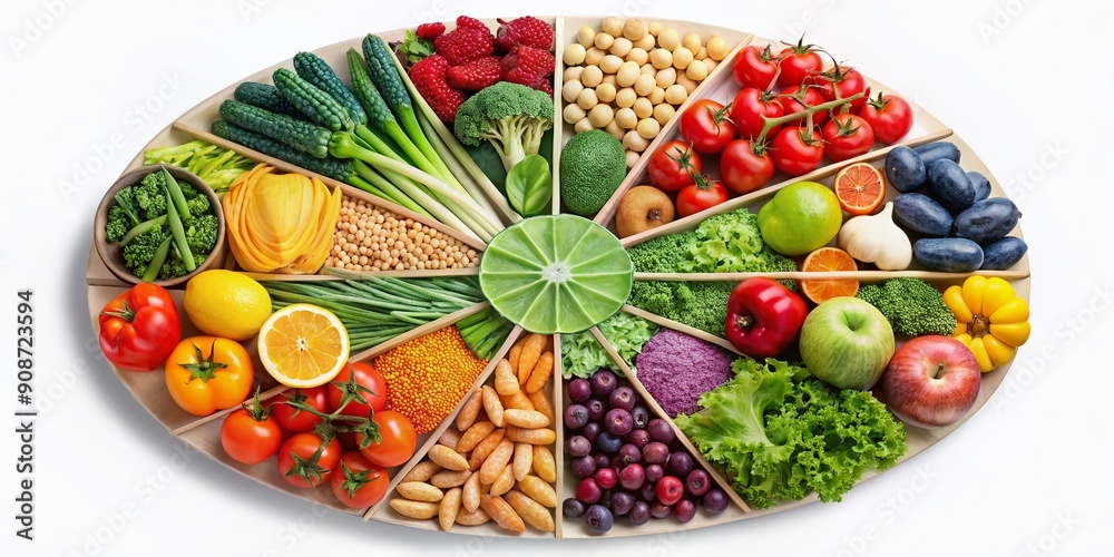 Fresh fruits and vegetables arranged in a colorful wheel diagram ...