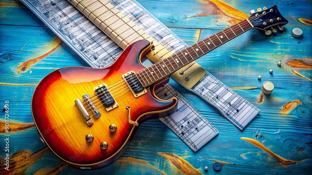 Colorful electric guitar lying on a trendy blue background, surrounded ...