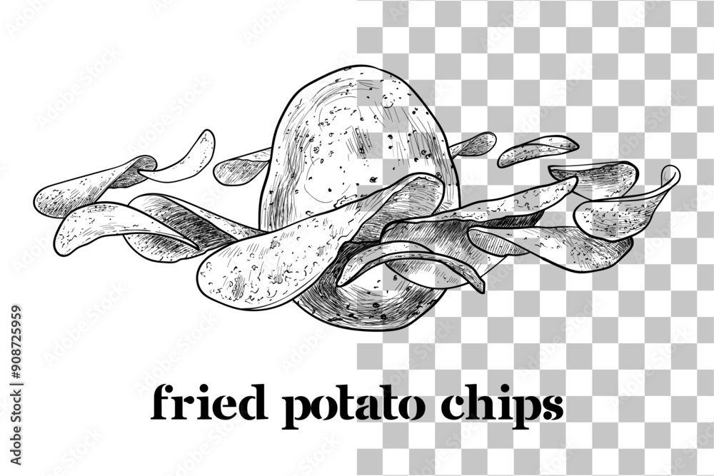 Hand drawn vector side view potato and chips. Floating chips around a ...