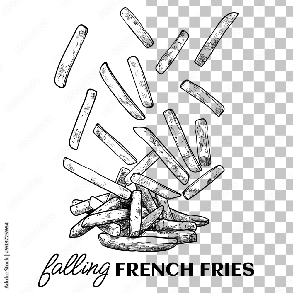 Hand drawn vector side view french fries. Tasty crispy fries with black ...