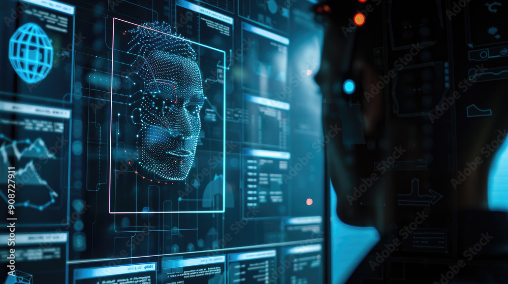 Man and facial recognition technology, human face with data of AI biometric system on computer ...