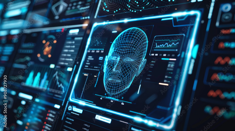 Facial recognition technology, person face with data of AI biometric system on computer screen ...