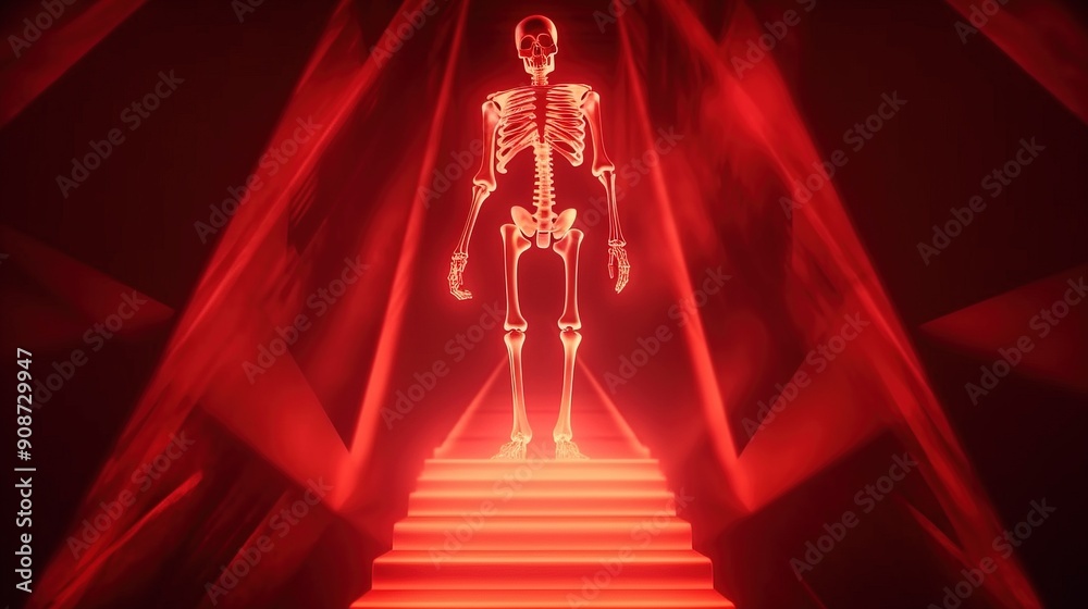 Human skeleton in red light, dark background. Scientific body anatomy ...