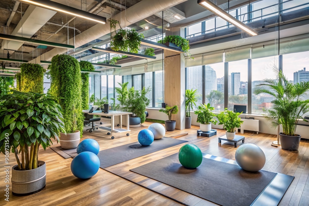 A modern office space with a mini gym, yoga mats, and exercise balls ...