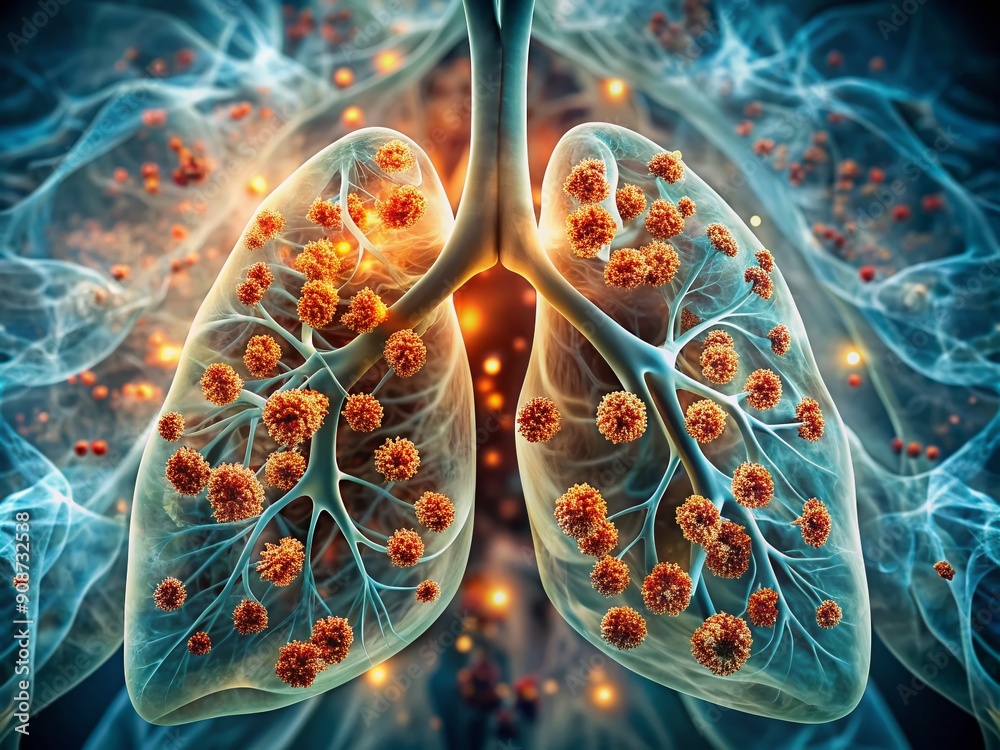 Microscopic view of harmful particles inundating delicate lung tissue ...