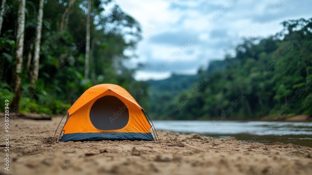 Explorers setting up camp on the banks of a river in the Amazon ...