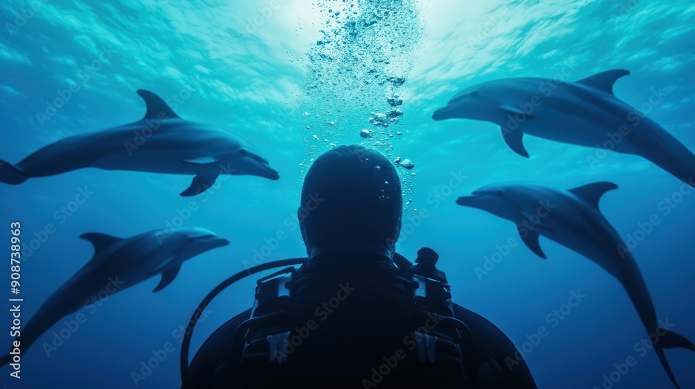 Underwater shot of a diver encountering a school of dolphins, capturing ...