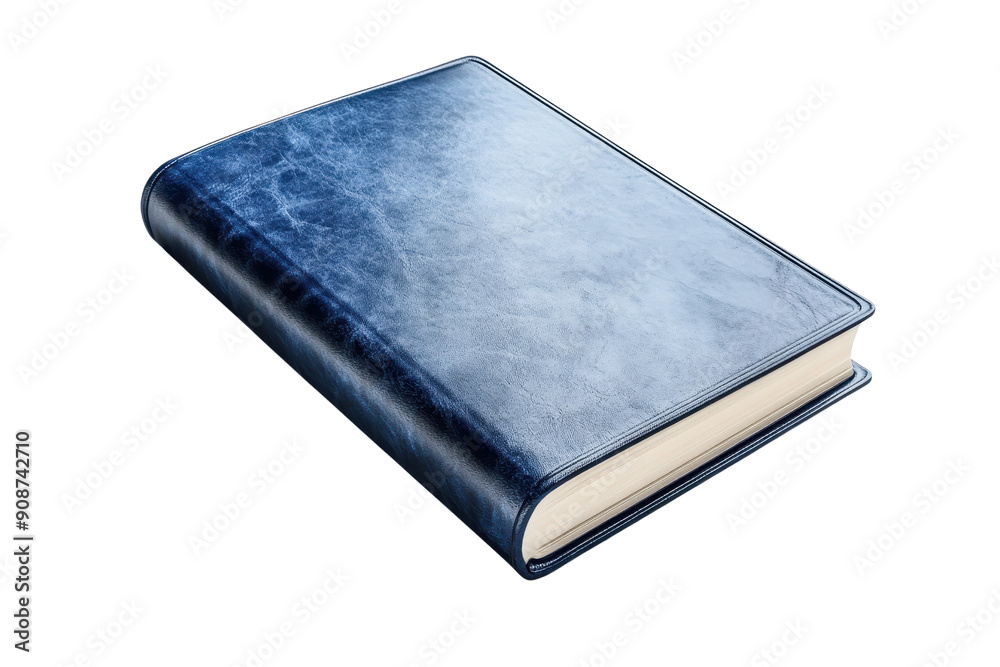 Elegant closed blue book with a leather cover on a transparent ...