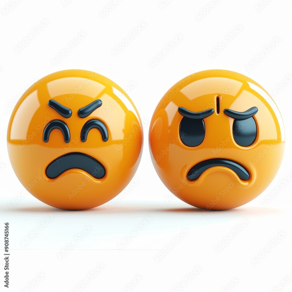 This image shows two 3D yellow sad face emoji isolated on a white ...