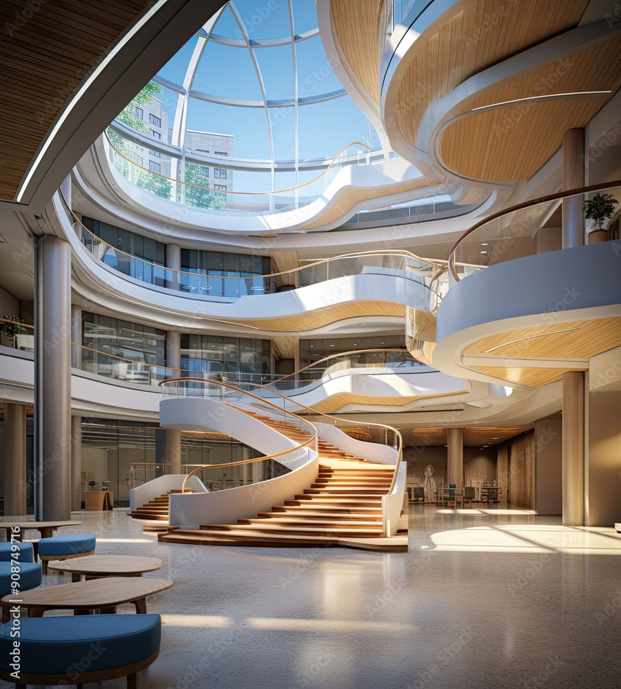 Spiraling Atrium with Glass Ceiling, featuring light blue and gray ...