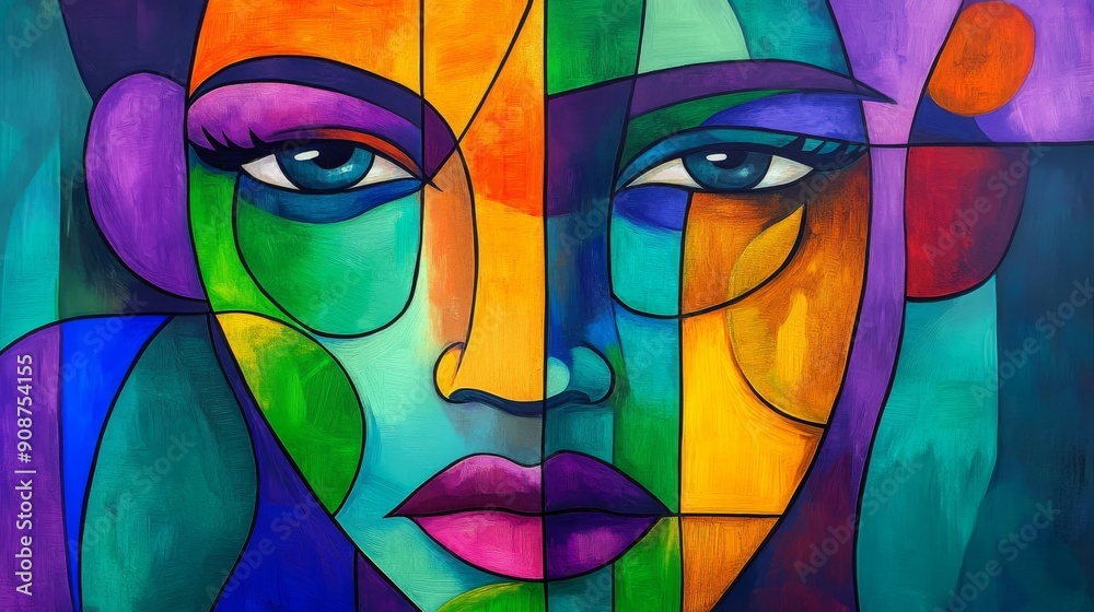 A stylized face is depicted with bold colors and geometric shapes ...