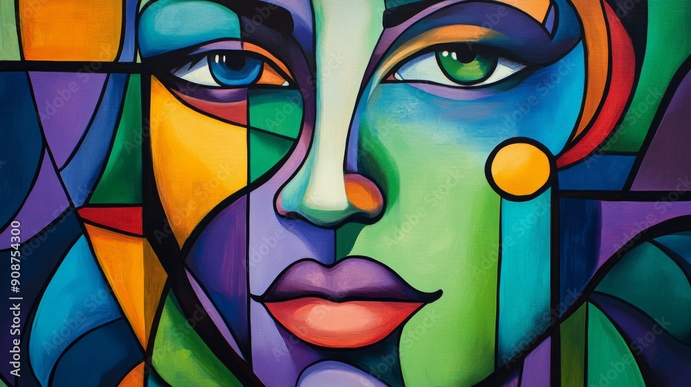 A stylized face is depicted with bold colors and geometric shapes ...