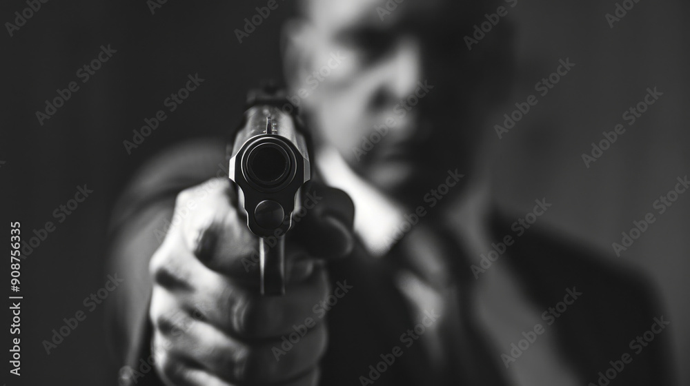 Man pointing gun at camera. Crime, safety, law enforcement, danger ...